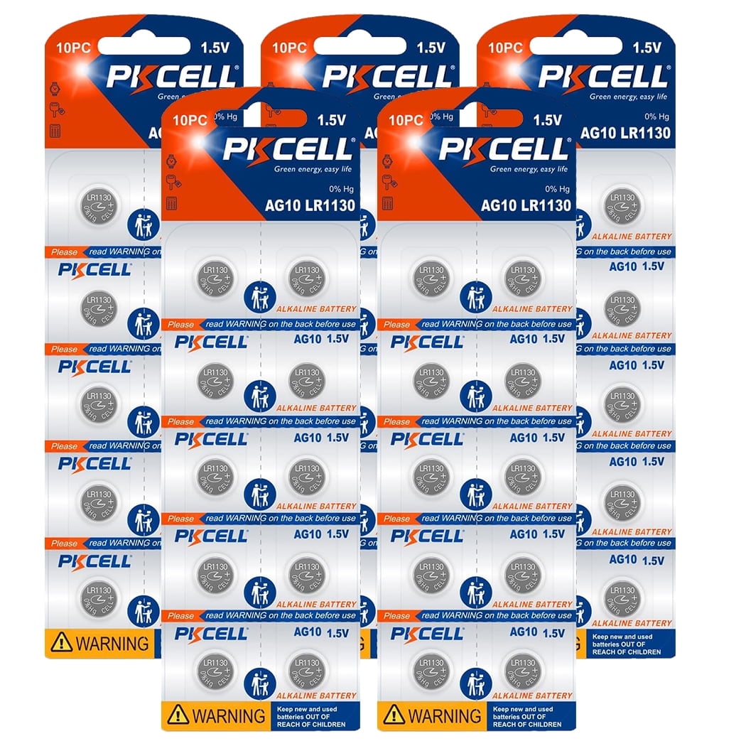 PKCELL 50 Pack LR1130 AG10 Battery 1.5V Alkaline Button Cell Non ...