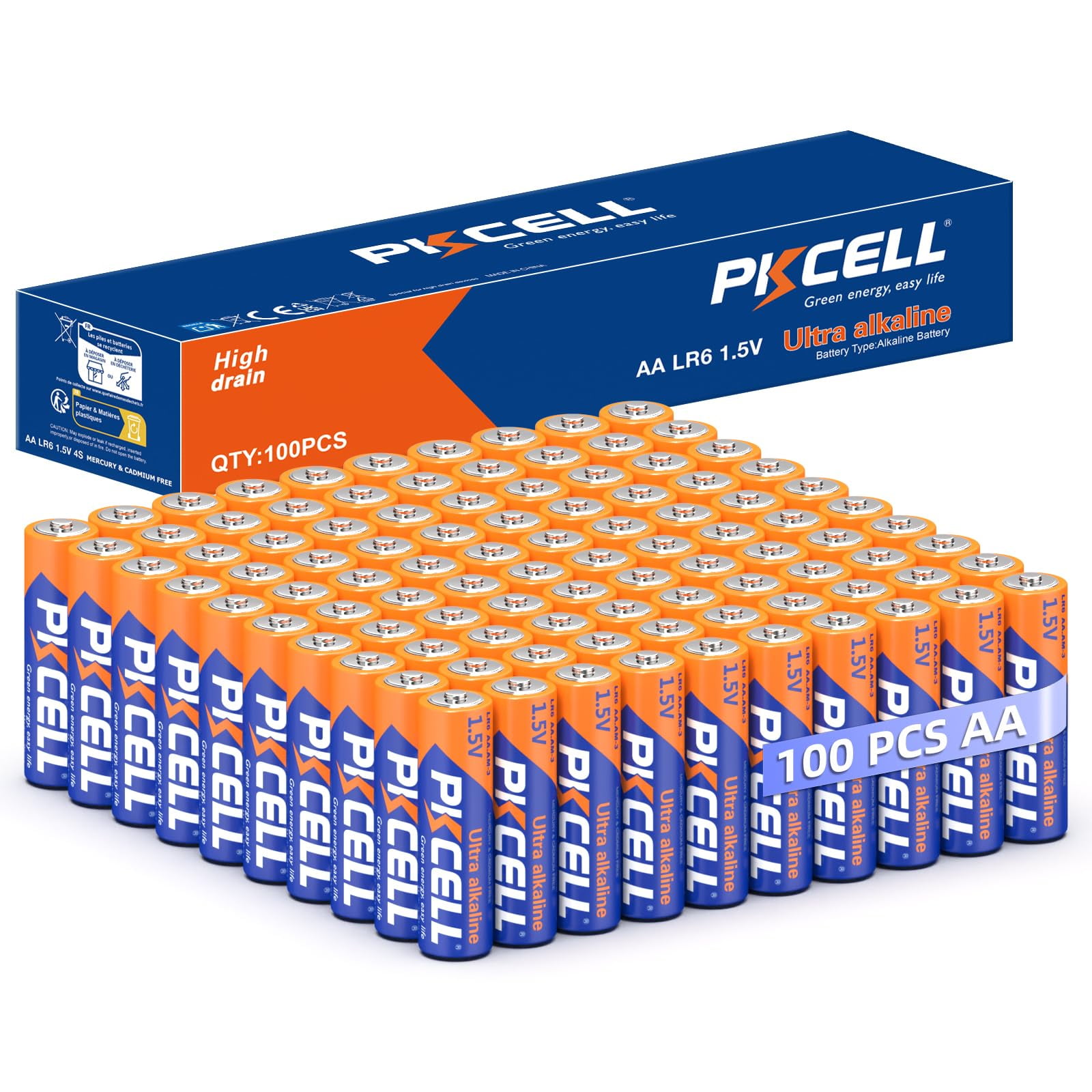 PKCELL AA Batteries 100 Pack, 1.5V Heavy Duty Double A Batteries,10 ...