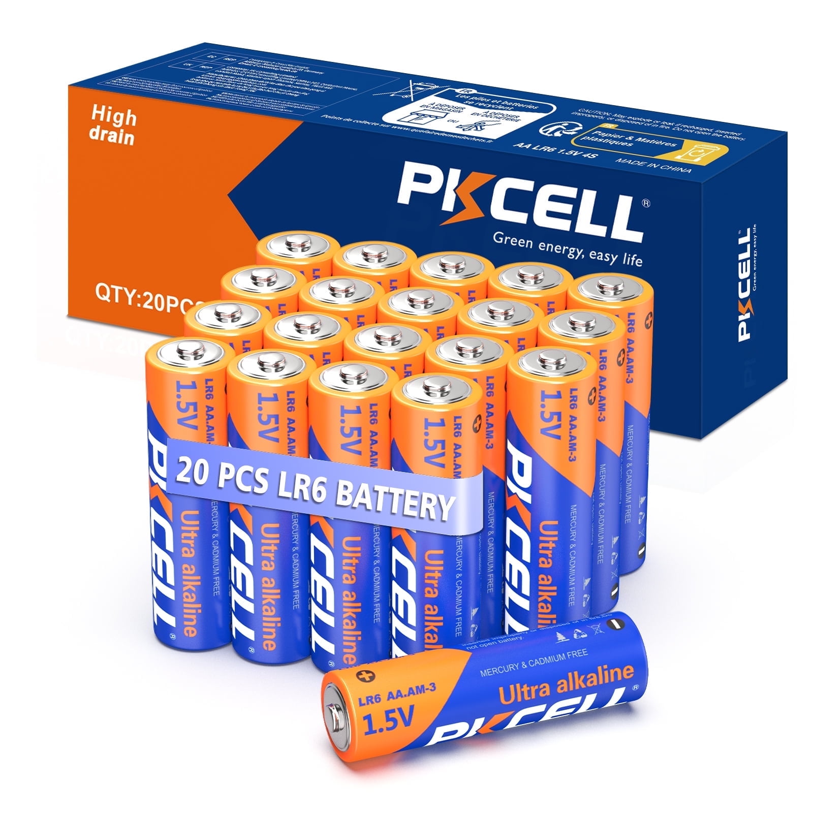 PKCELL AA Batteries, 20 Pack 1.5V Double A Alkaline Batteries, 10 Years ...