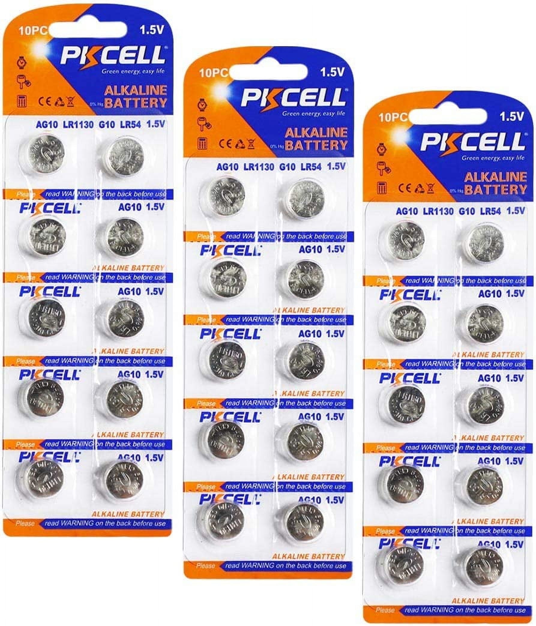 PKCELL AG10 1.5V Button Cell Battery, 30PCS LR1130 389 LR54 L1131 189 ...