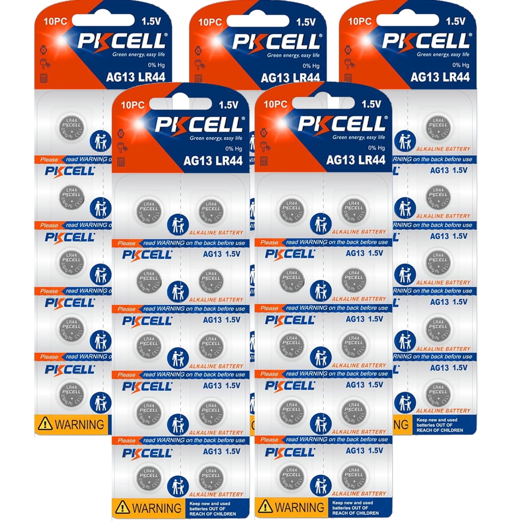PKCELL LR44 AG13 1.5V Button Cell Battery (50-Pack) for Car Remote ...