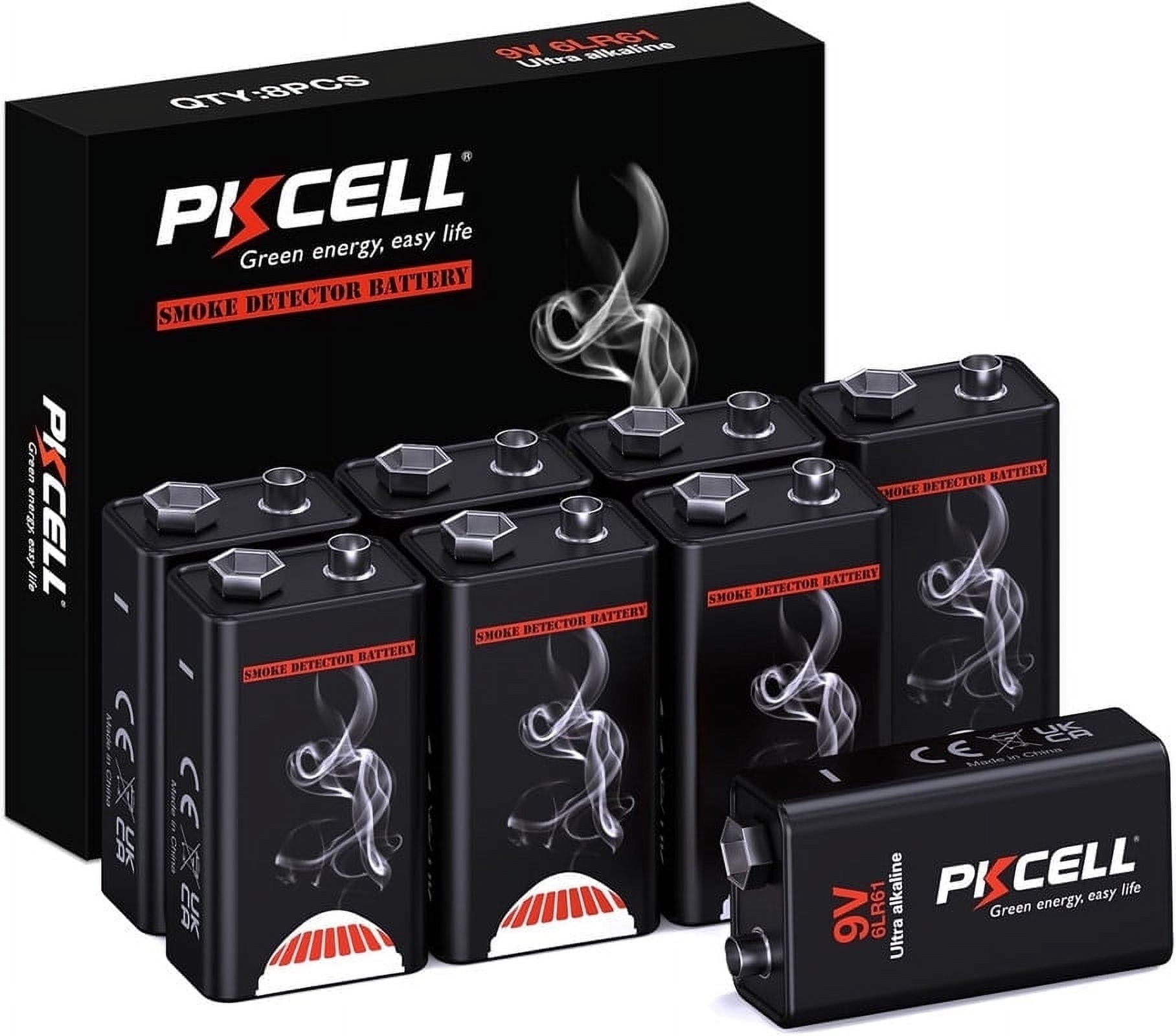 PKCELL Smoke Alarms Battery, 9V Battery (8 Count) 6LR61 PP3 Alkaline ...