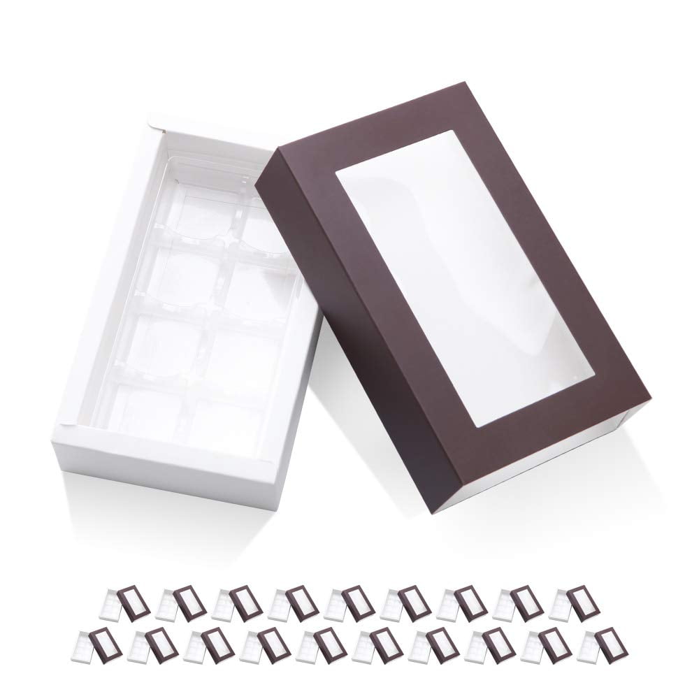 PKGSMART 20 Truffle Box with Clear Window Sleeves, Brown Chocolate Box ...