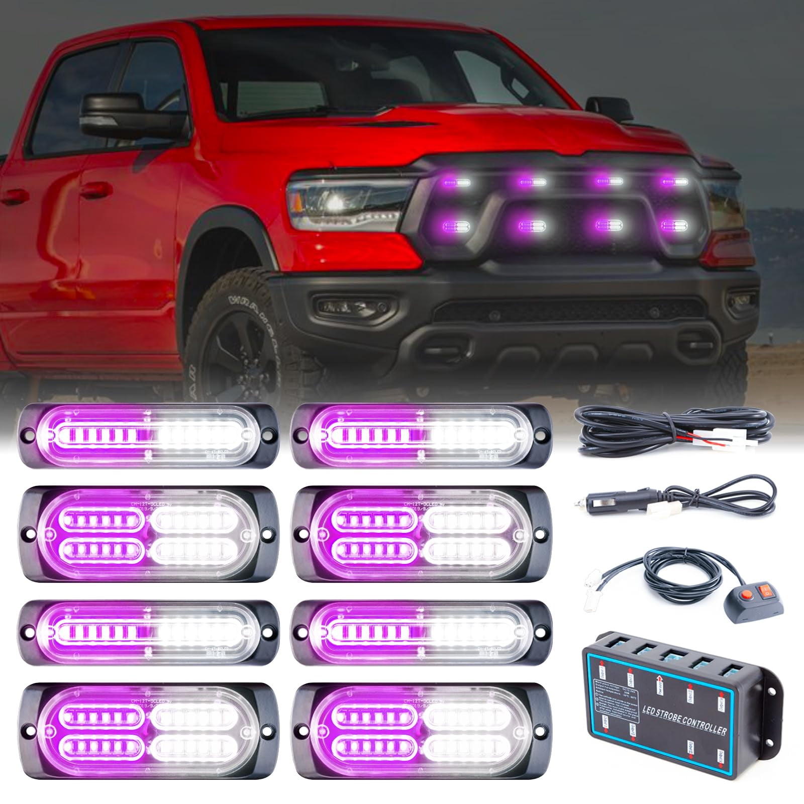 PKINGLAKE 8pcs Sync Feature RRF12 Emergency Strobe Grille Ultra Slim ...