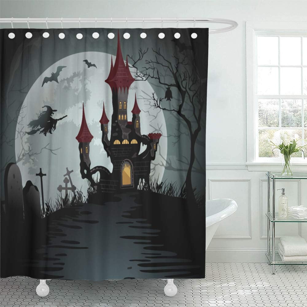 Pknmt Autumn Halloween Night Scene With Spooky Ghost Castle Bats Broom