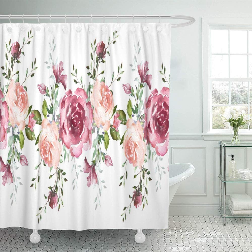 Pknmt Border With Pink Flowers Leaves Vintage Watercolor Floral With