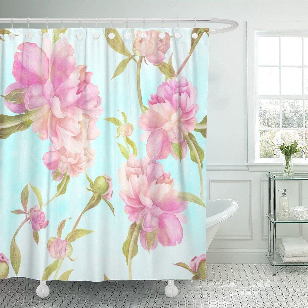 Pknmt Watercolor Flowers And Buds Of Pink Peony Collage Leaves Shower