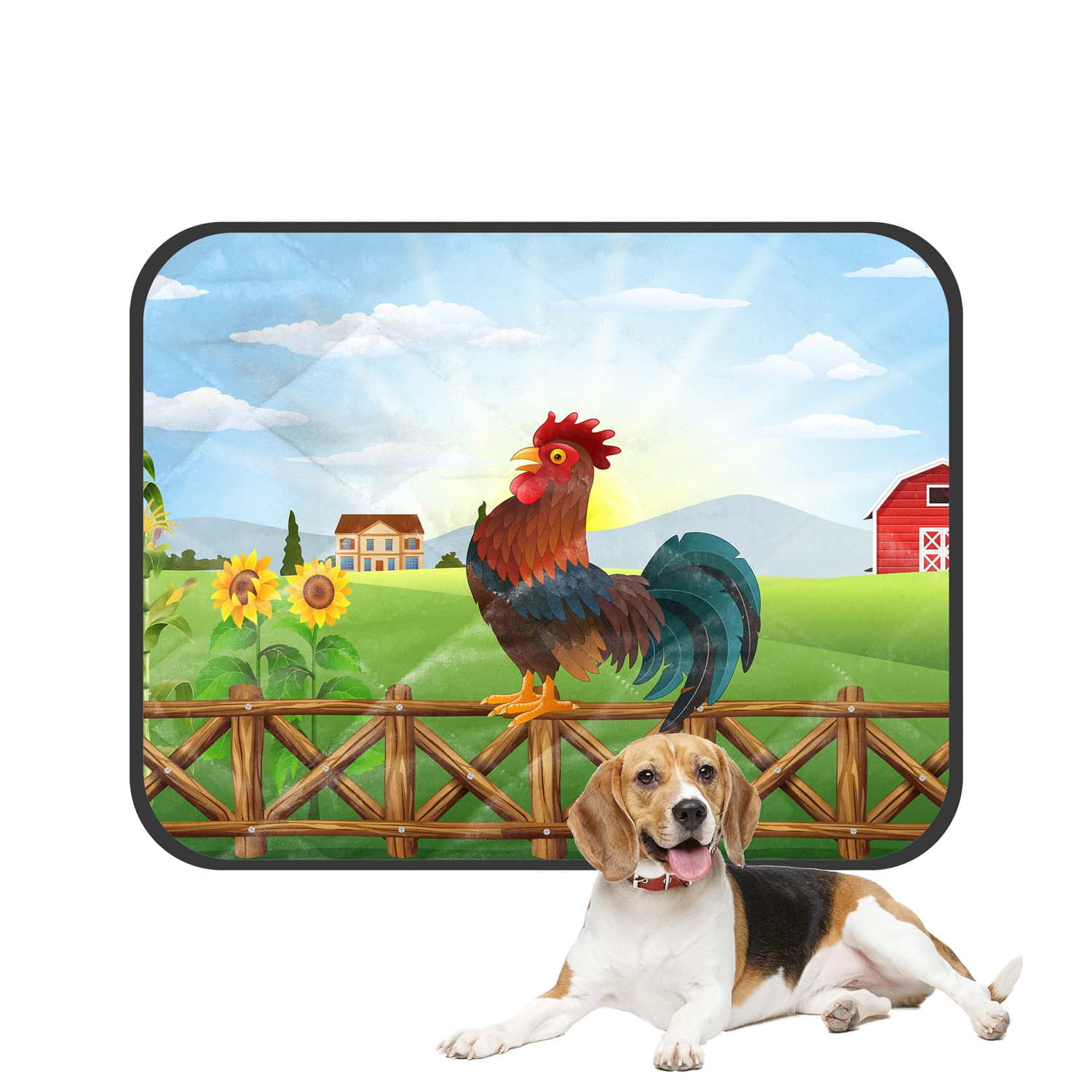 PKQWTM Cartoon Rooster Crowing At Farm Field Morning Sun Rising Pet Dog ...