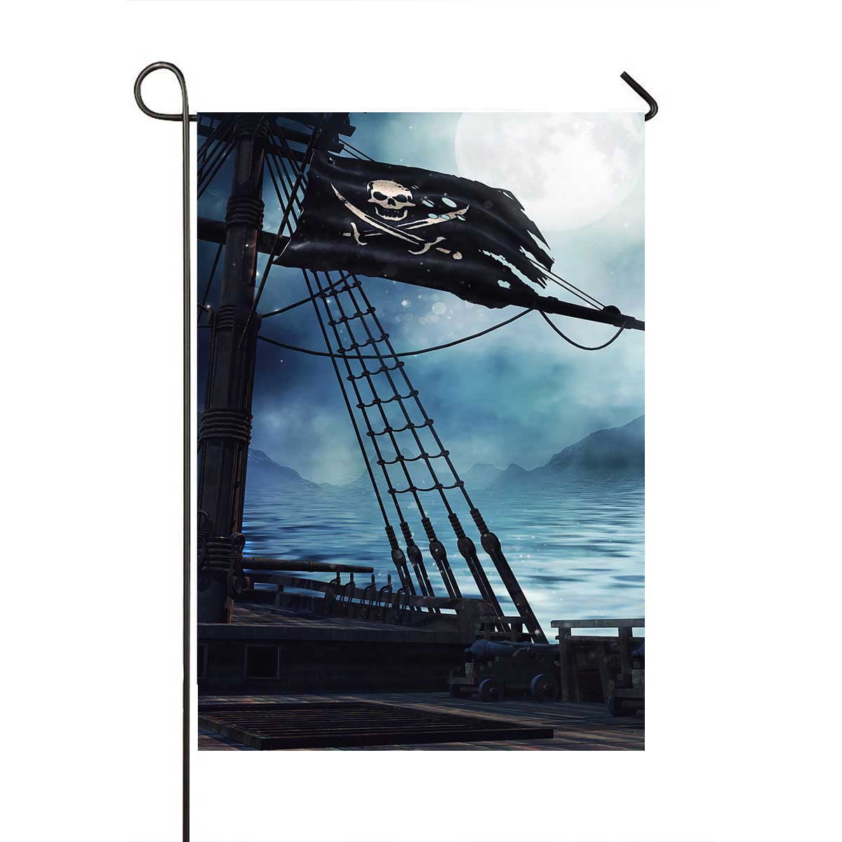 PKQWTM Deck Pirate Ship Black Flag At Night Yard Decor Home Garden Flag ...
