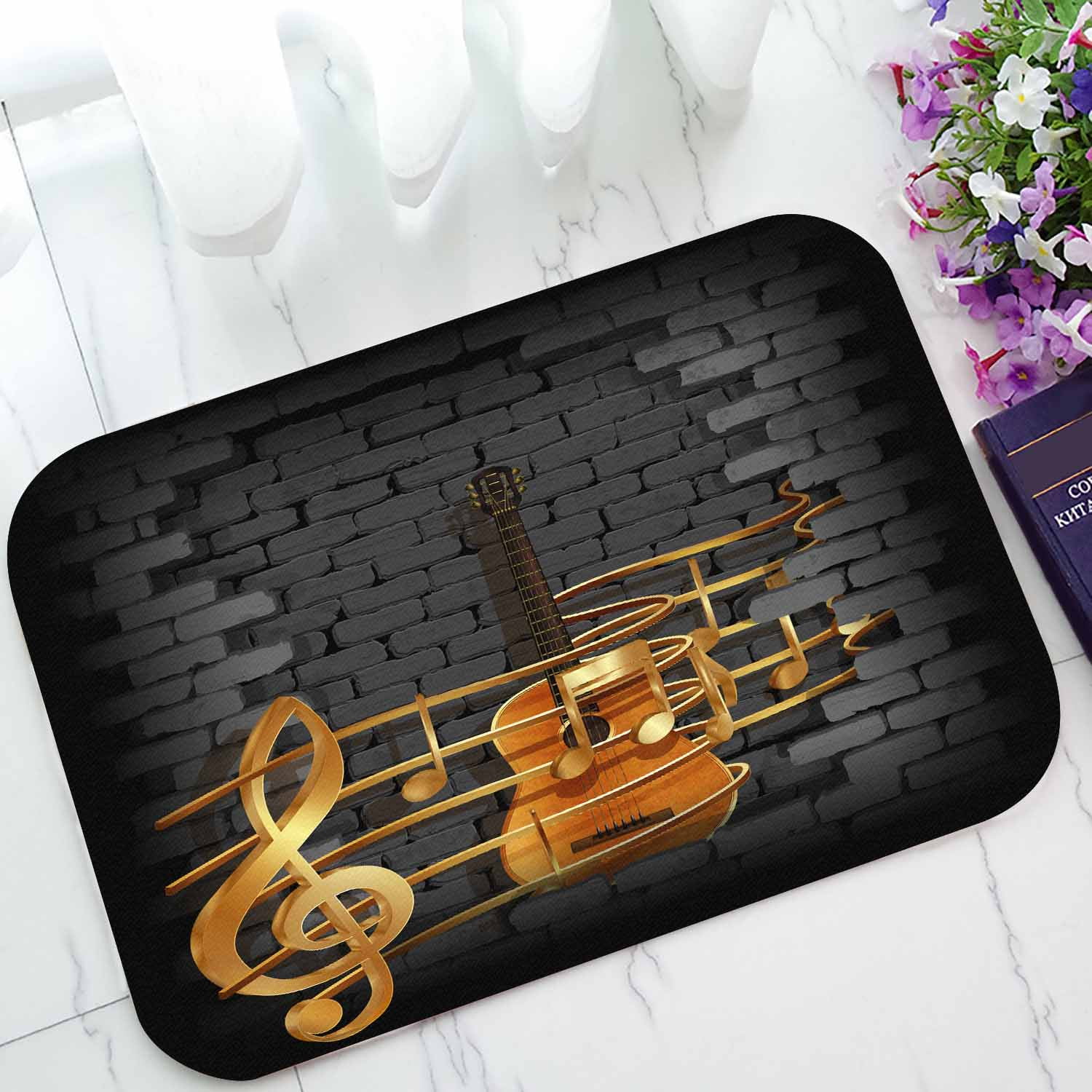 PKQWTM Gold Musical Notes Volume Treble Clef Staff Guitar Old Brick ...