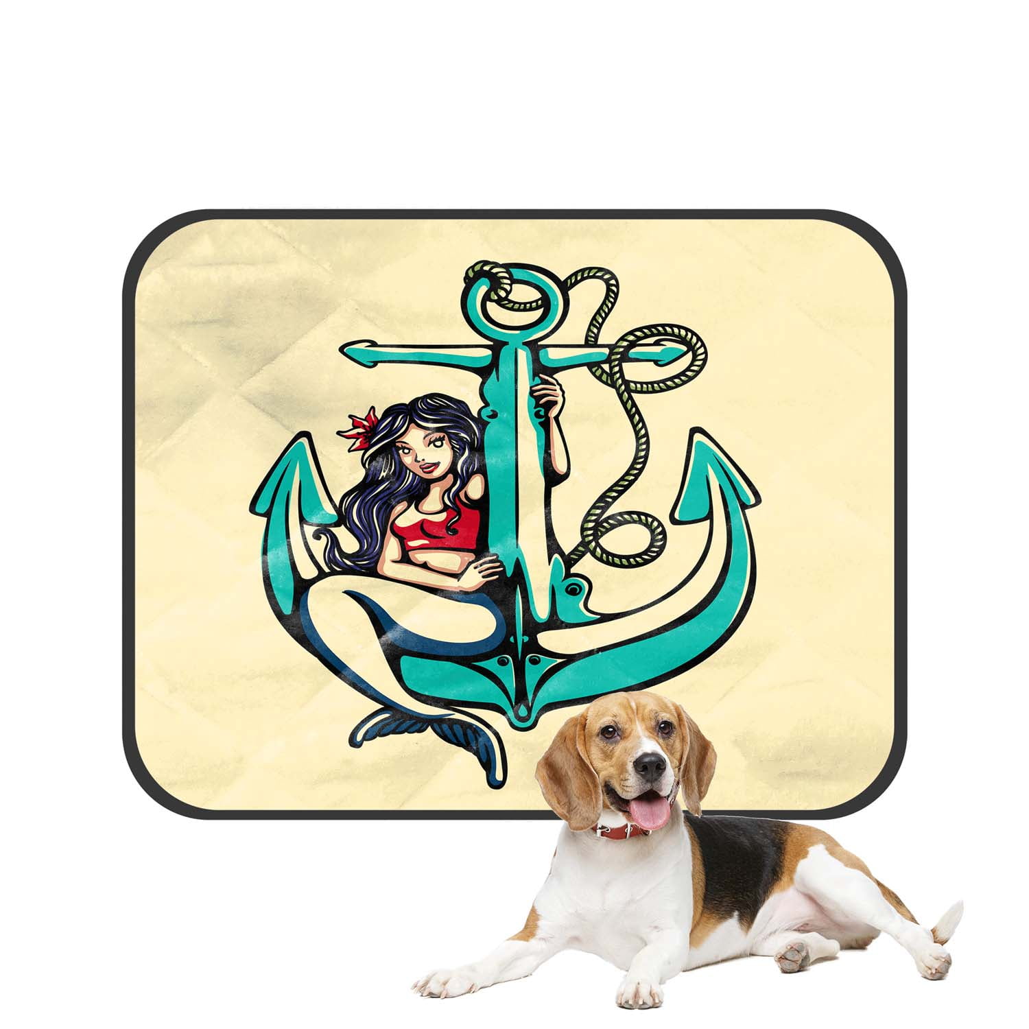PKQWTM Pretty Siren Mermaid Pin Up Girl Sitting Anchor Sailor Pet Dog ...