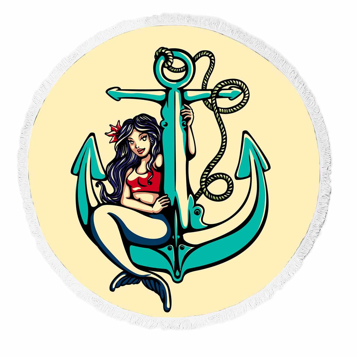 PKQWTM Pretty Siren Mermaid Pin Up Girl Sitting Anchor Sailor Round ...