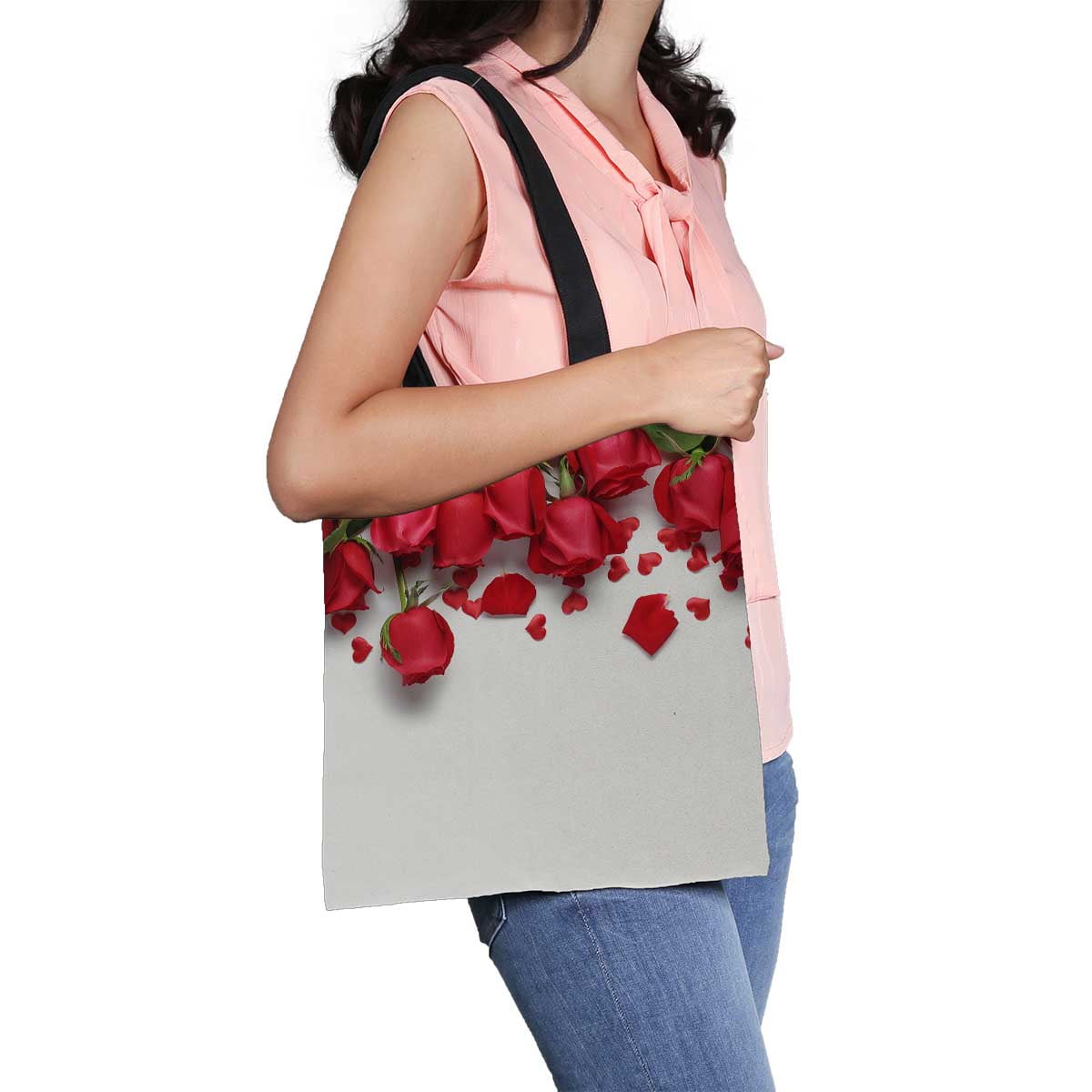 PKQWTM Red Roses Heart Shape Ornaments White Canvas Shoulder Bags ...