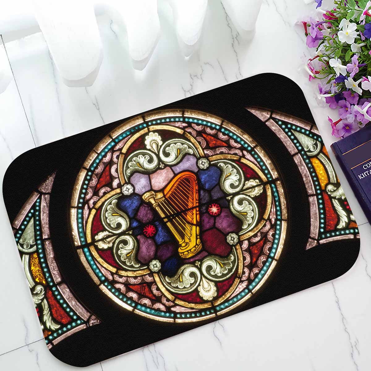 PKQWTM Round stained glass window harp Psalms Home Decor Floor Mat Area ...