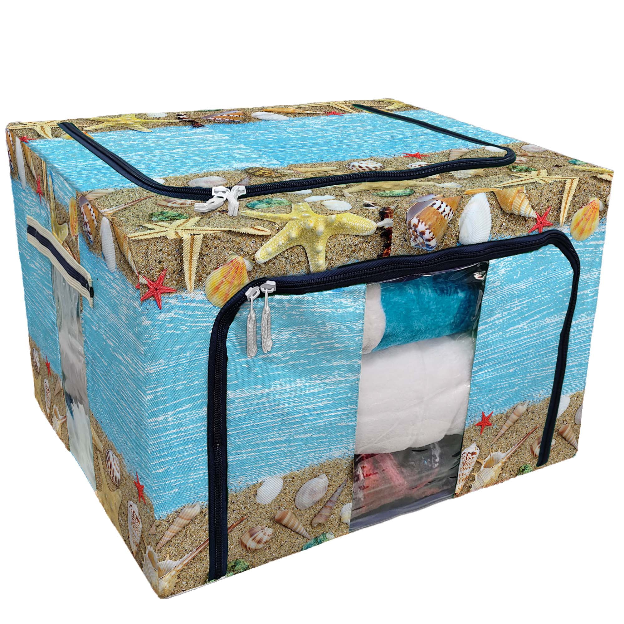 PKQWTM Seashell Sand Starfish Blue Wooden Back Storage Bag Clear Window ...