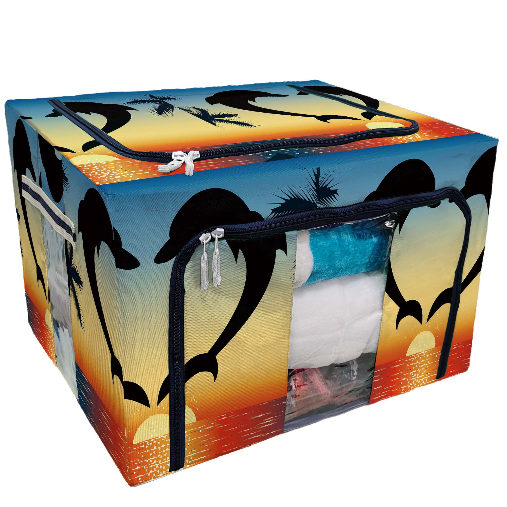 PKQWTM Sunset Sea Dolphin Tropical Palm Tree Storage Bag Clear Window ...