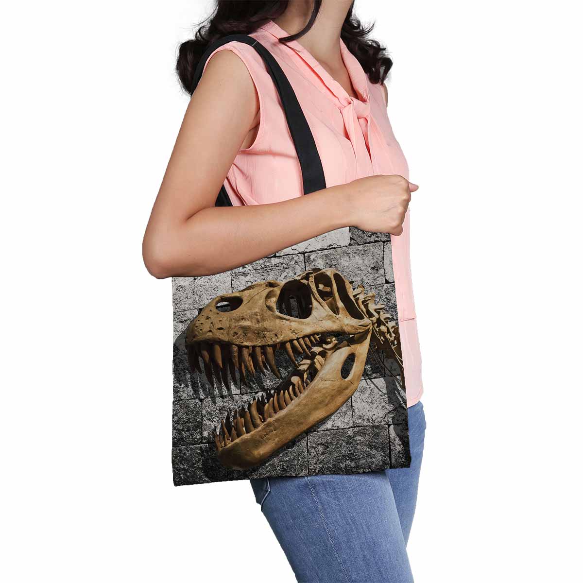 PKQWTM Tyrannosaurus Rex skeleton in stone wall Canvas Shoulder Bags ...