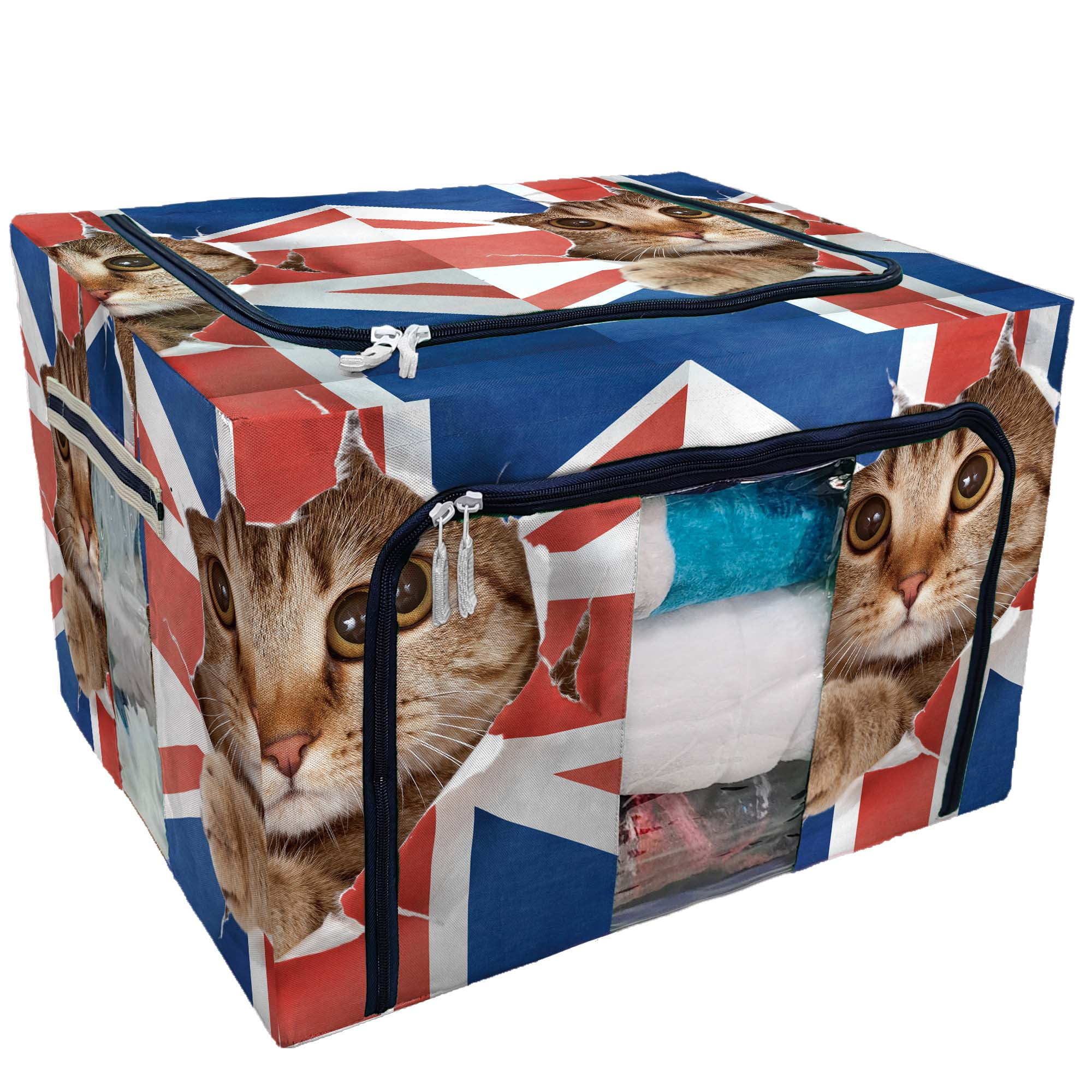 PKQWTM UK Union Jack Cat Kitten Storage Bag Clear Window Storage Bins ...