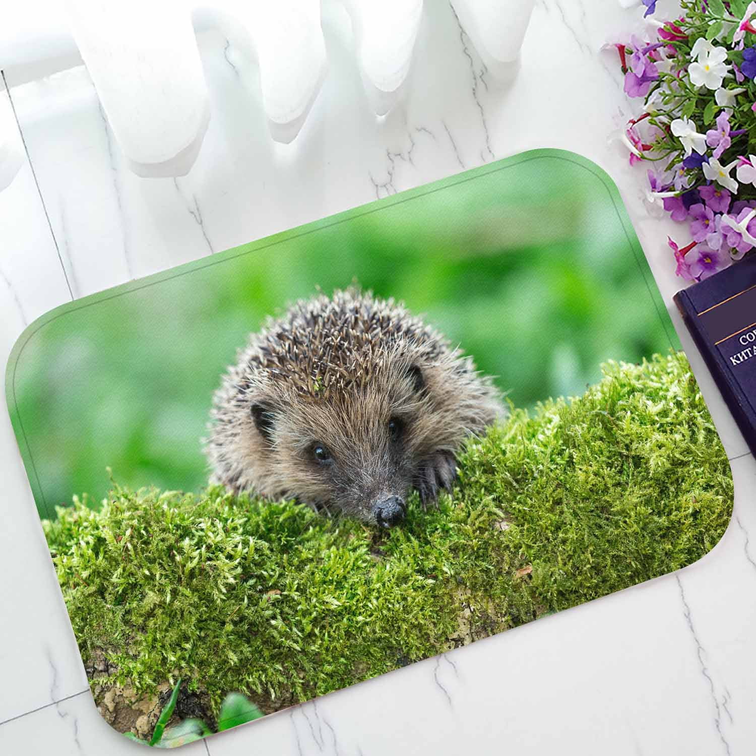 PKQWTM Wild Hedgehog On A Green Moss Covered Log With A Green Home ...
