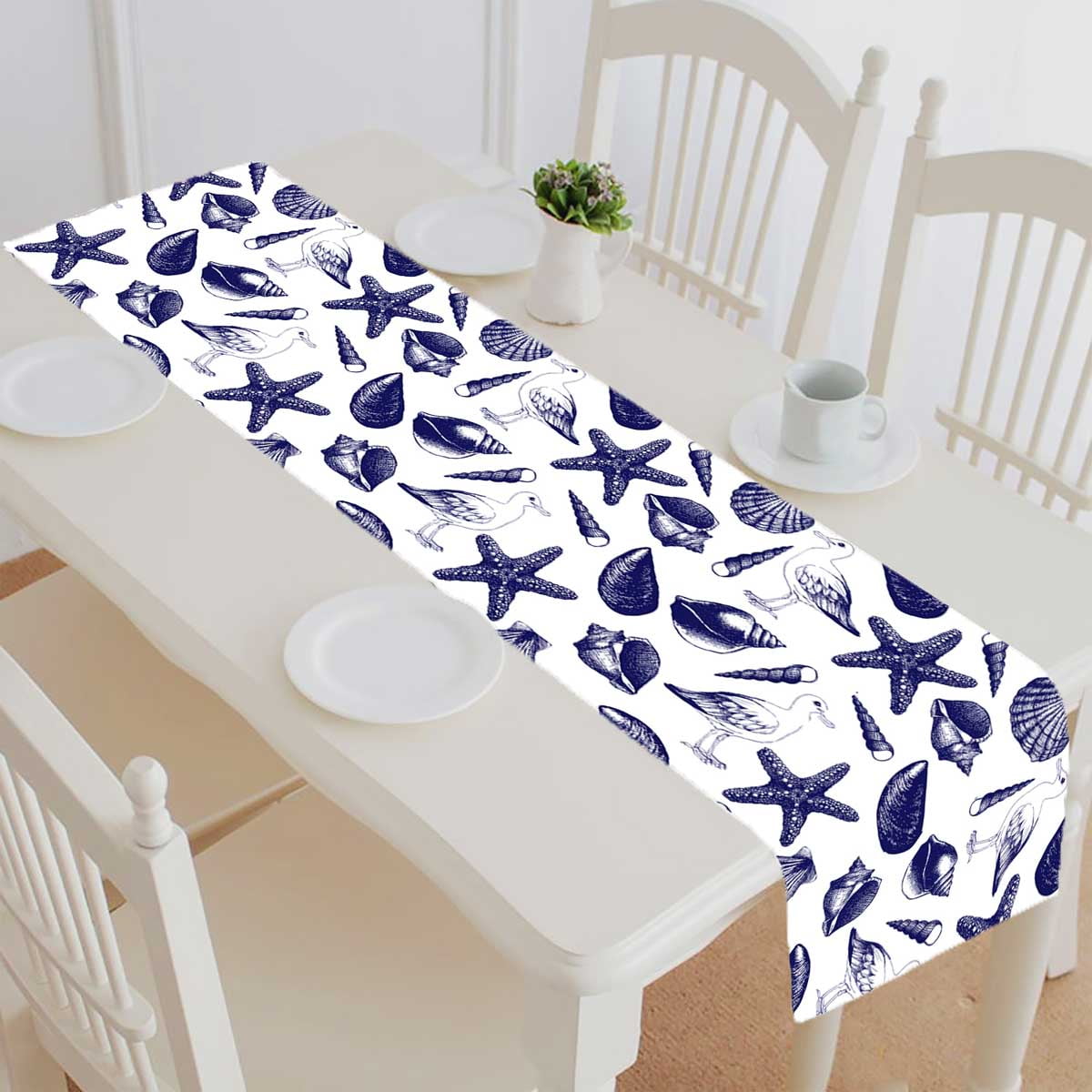 PKQWTM sea shell sea gull sketch white Cotton and Linen Table Runner ...