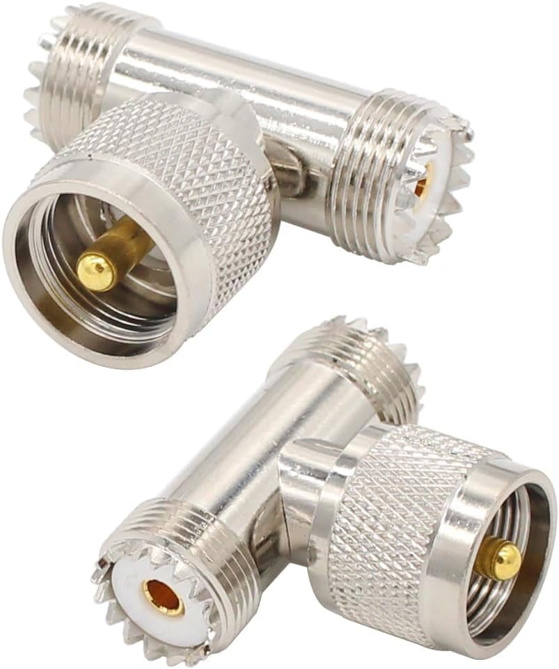 PL259 T Connector Adapter Male to Female, UHF 1 Male to 2 Female, SO239 Male to SO239 Female Tee ...