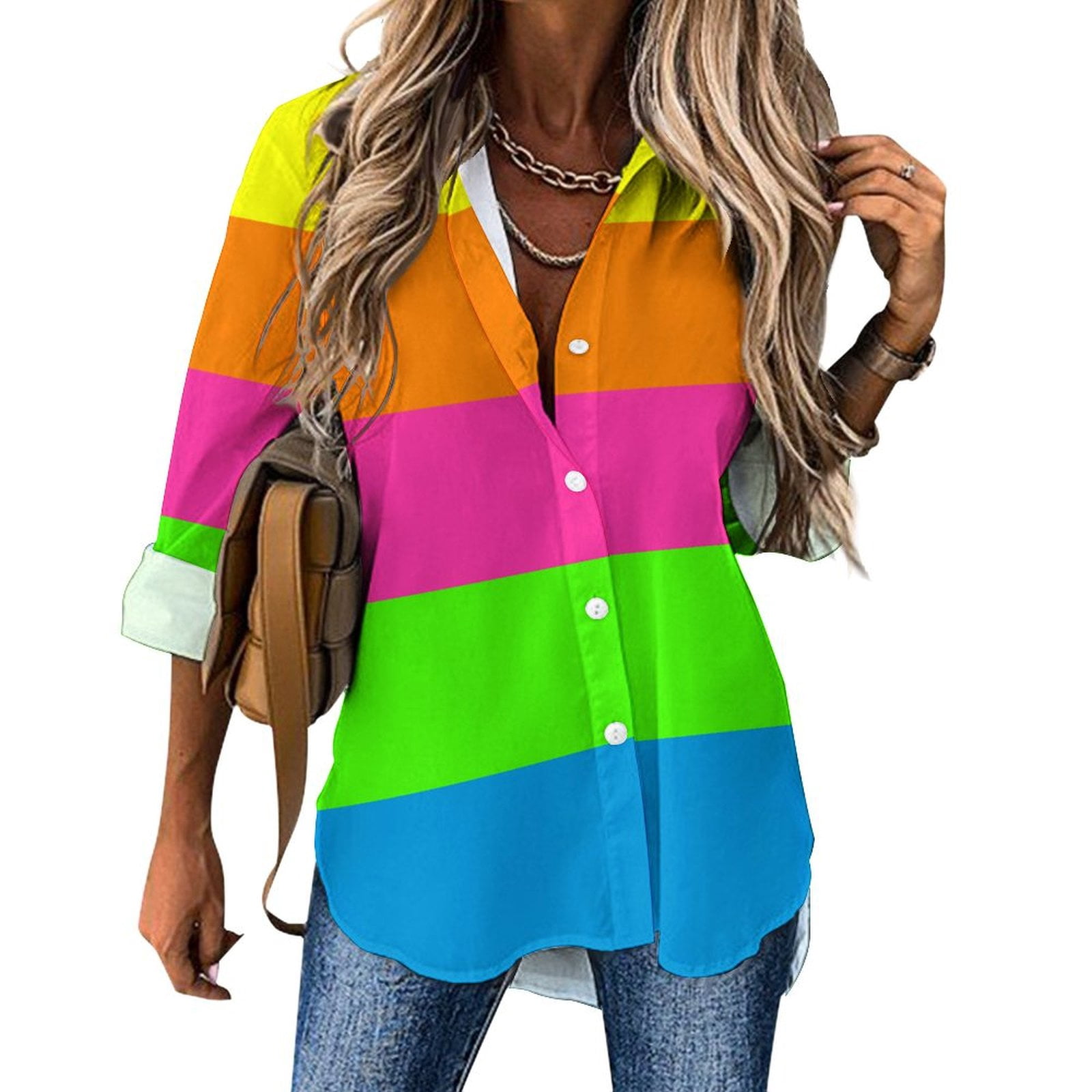 PLAIN SOLID NEON FLUORESCENT RAINBOW STRIPES 5 COLORS Women's Button ...
