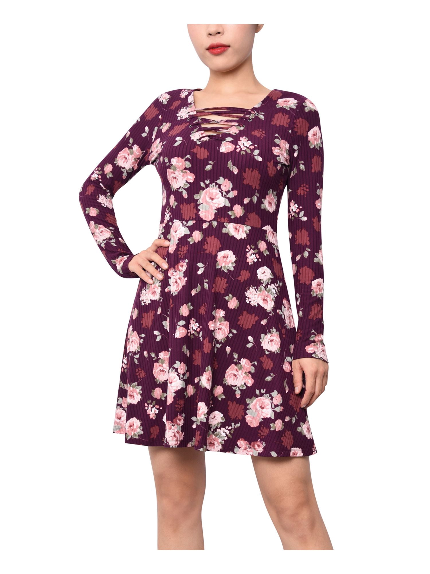 PLANET GOLD Womens Burgundy Floral Long Sleeve V Neck Above The Knee ...