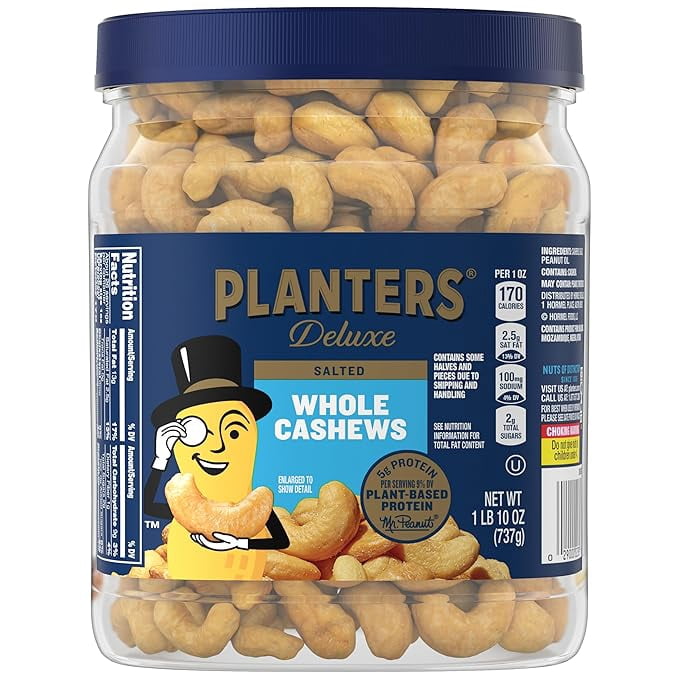 PLANTERS Whole Cashews, Sea Salt, Resealable Jar, Party Snacks, Plant ...