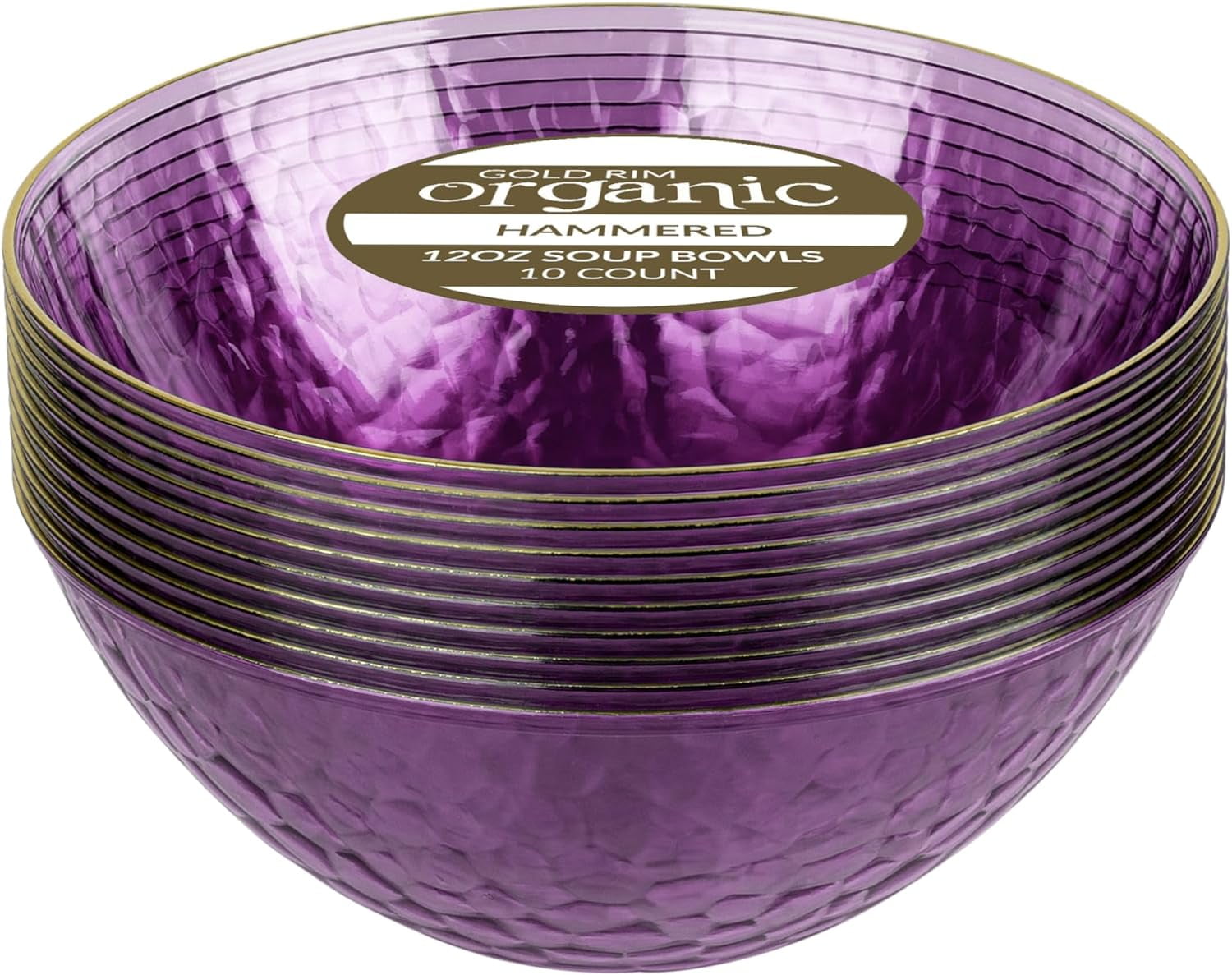 Plasticpro 12 Oz Hammered Plastic Bowls Disposable Soup Bowls Hammered Purple With Gold Rim 30
