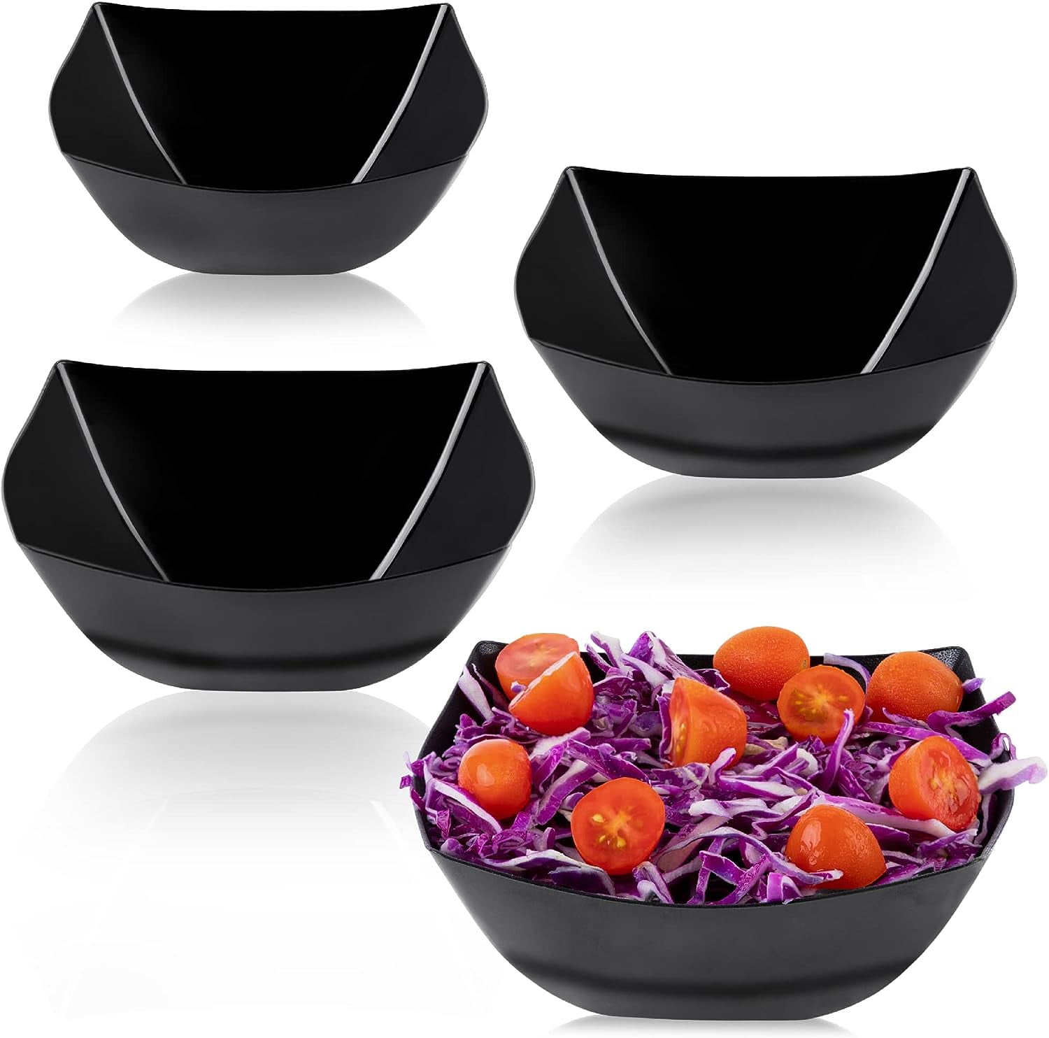PLASTICPRO Black Plastic Disposable Serving Bowls, Square Snack Salad ...