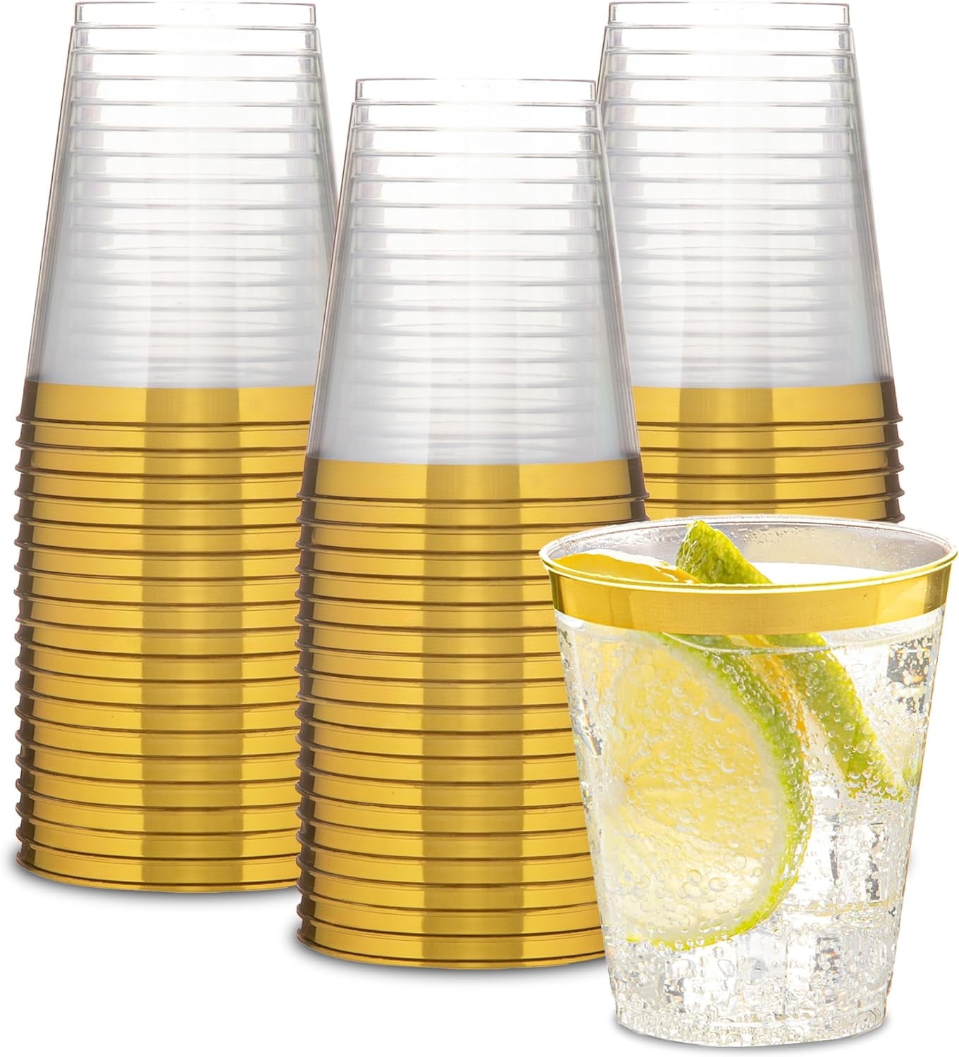 PLASTICPRO Plastic Cups for Party 7 oz Plastic Tumblers Gold Rim ...