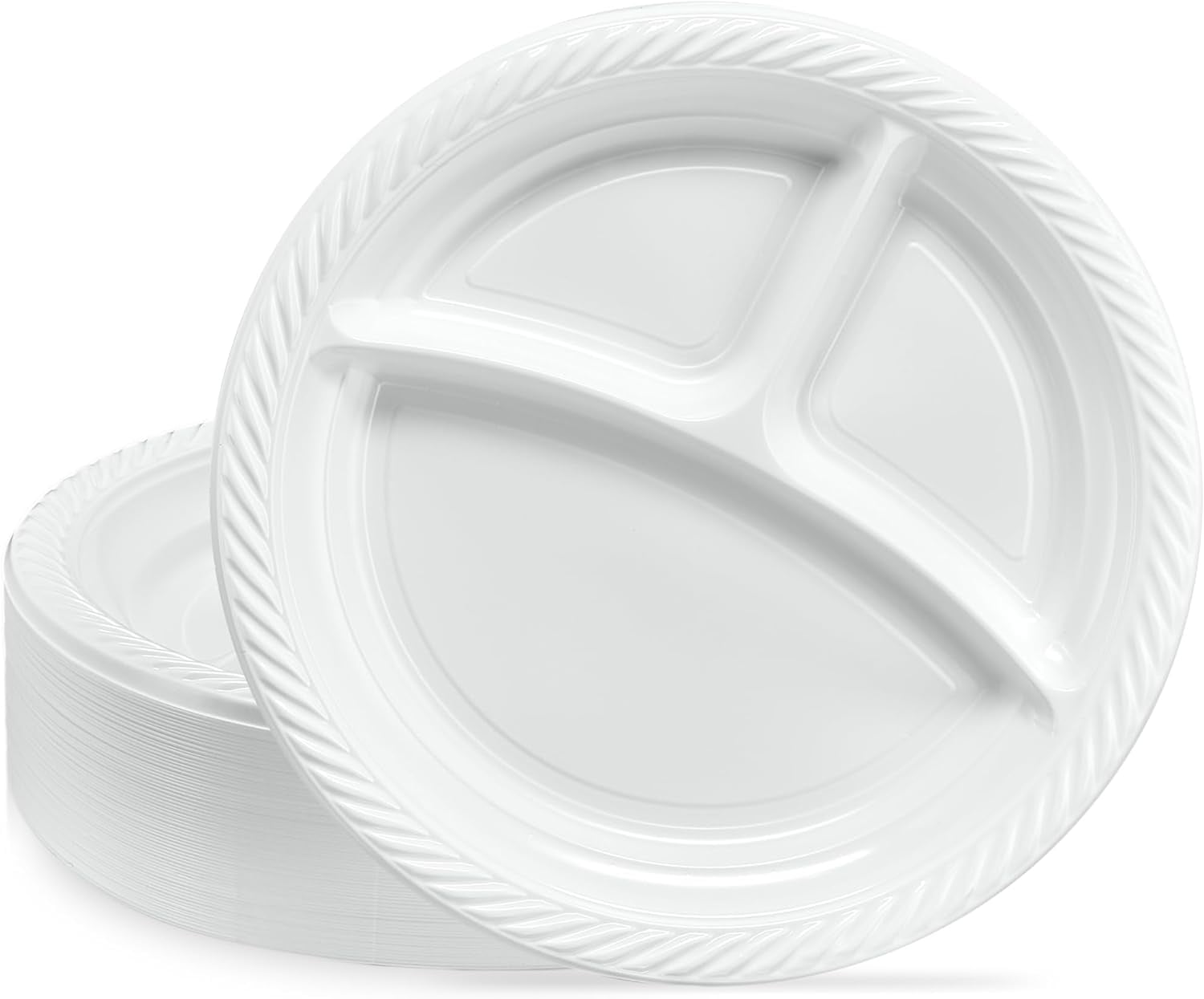 PLASTICPRO Round Disposable Plastic Plates with 3 Compartments Heavy ...