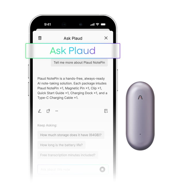 PLAUD NotePin AI Voice Recorder, App Control, Transcribe & Summarize ...