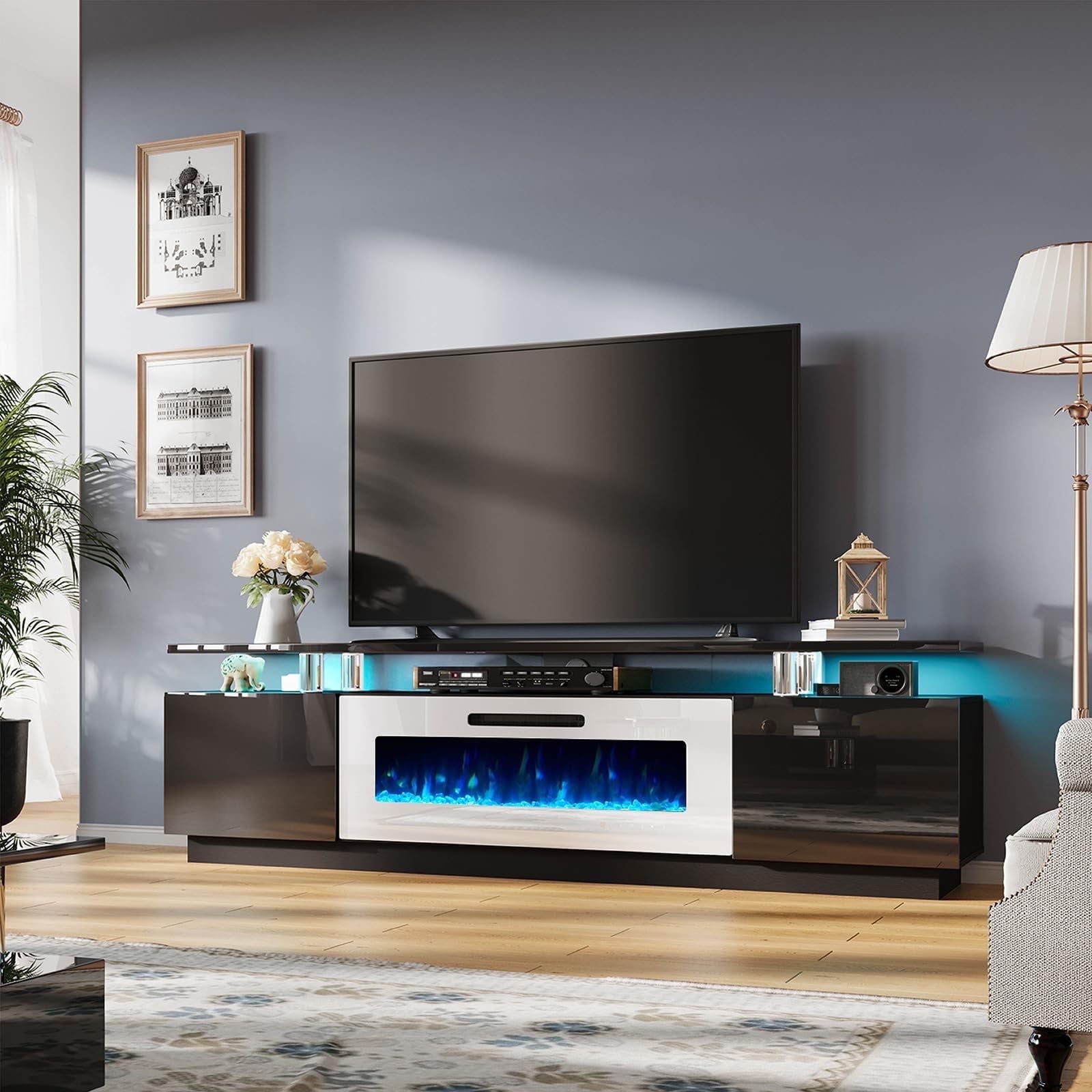 PLAUIN 2-Tier Fireplace TV Stand, 40" Fireplace, for 90" TVs, Black ...