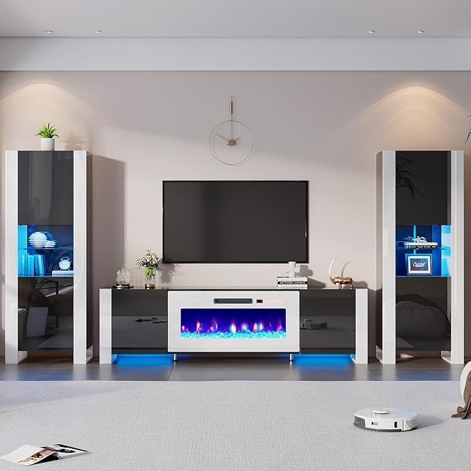 PLAUIN 3-Piece Modern Entertainment Center Set, 80" Fireplace TV Stand ...