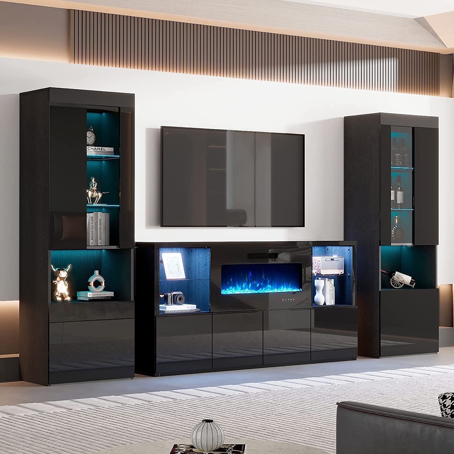 PLAUIN 3-Piece Modern Wall Unit, High Gloss Entertainment Center, Black ...