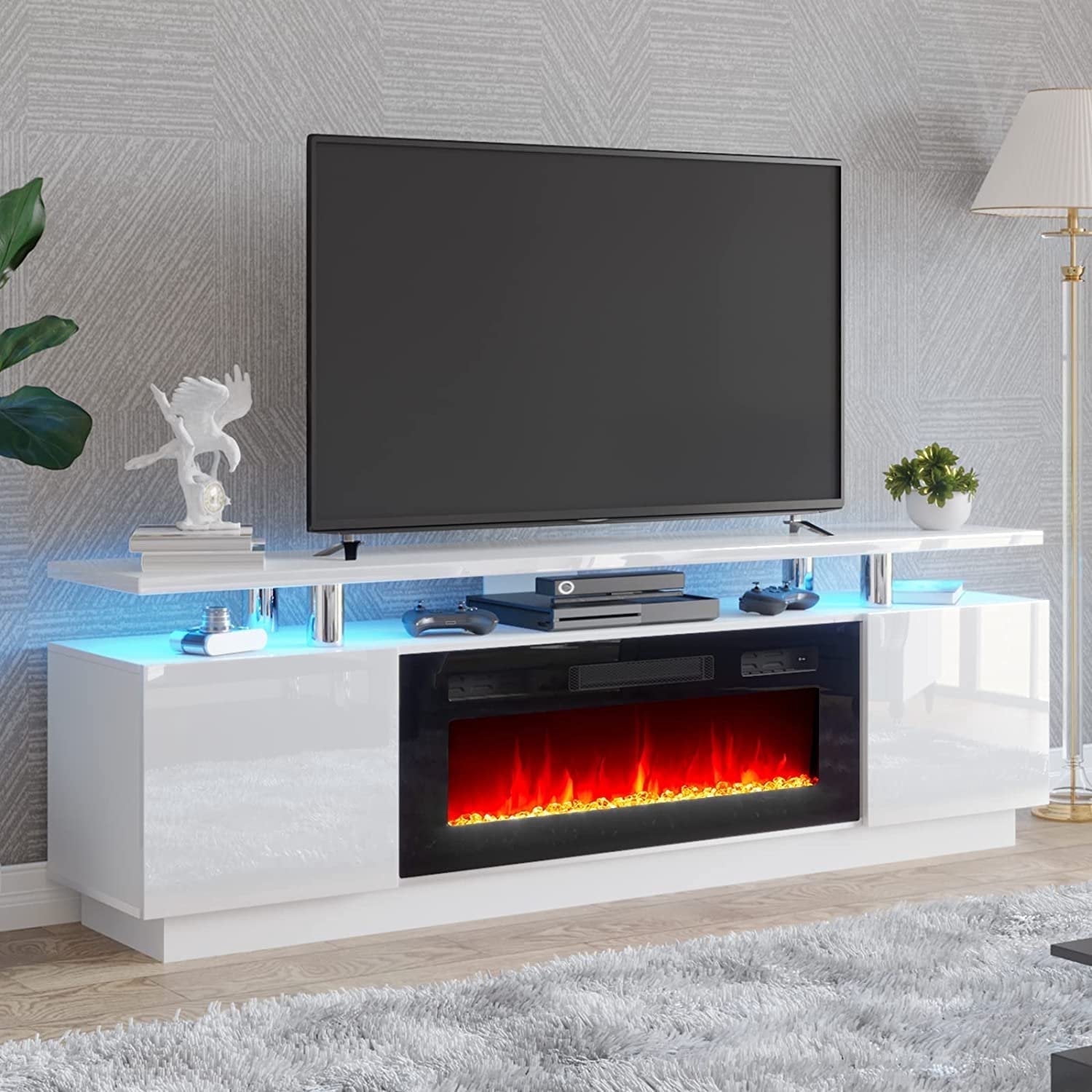 PLAUIN 2-Tier Fireplace TV Stand, 70" High Gloss Entertainment Center ...