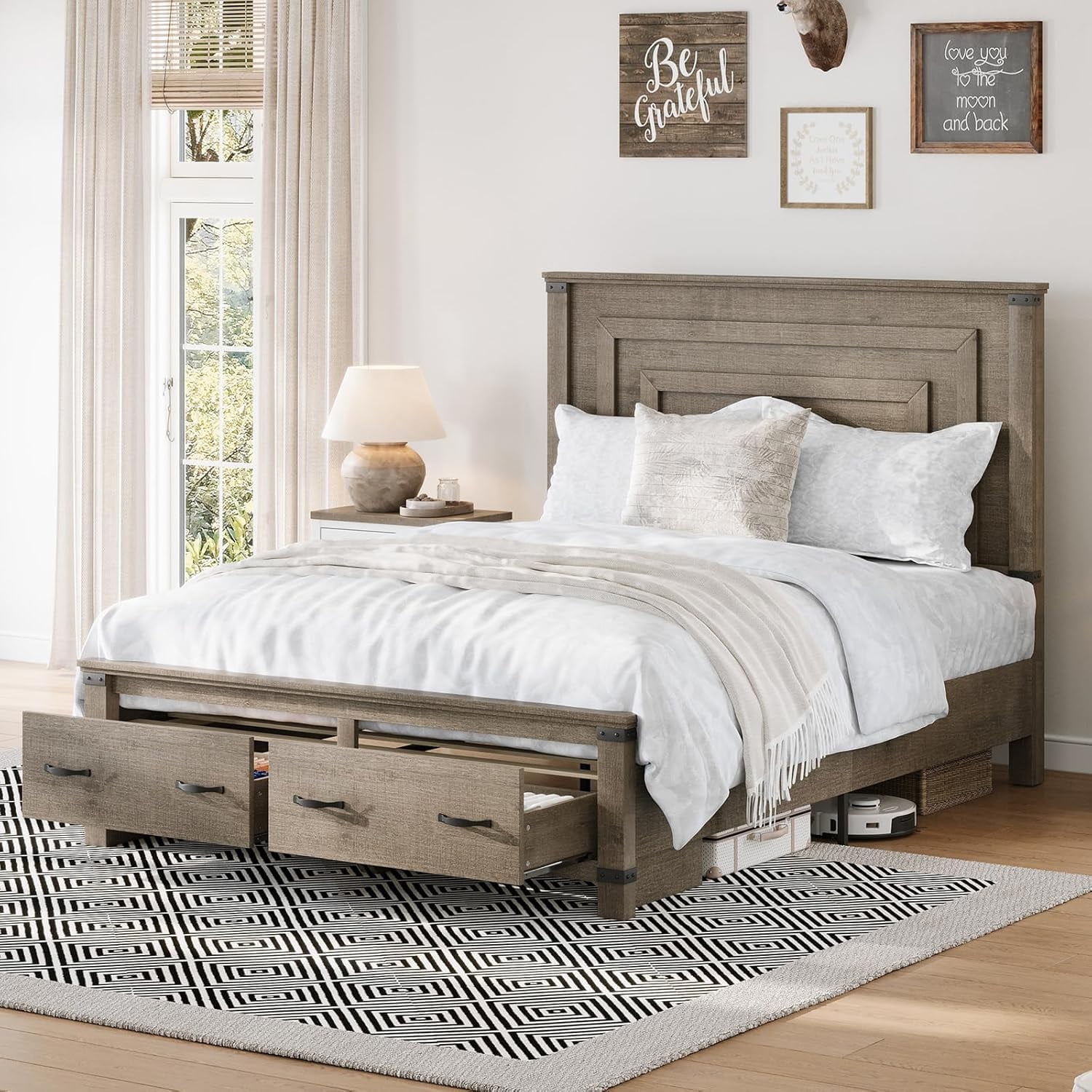 PLAUIN Farmhouse Full Size Bed Frame, Rustic Wood Platform with ...