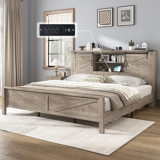 PLAUIN 44" H farmhouse King Bed Frame, Rustic Wood Platform with ...