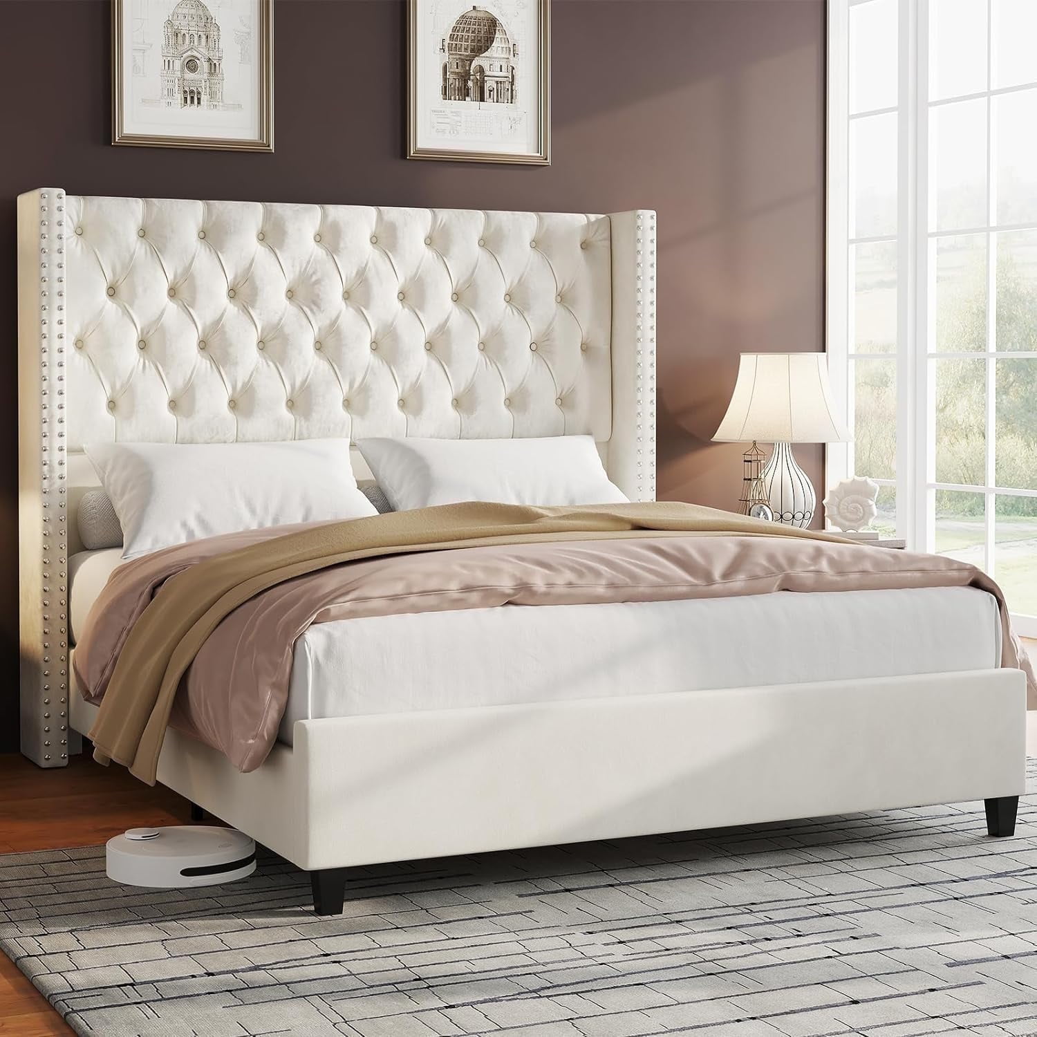 PLAUIN King Bed Frame with Deep Button Tufted and Velvet Wingback Headboard,No Box Spring Needed ...