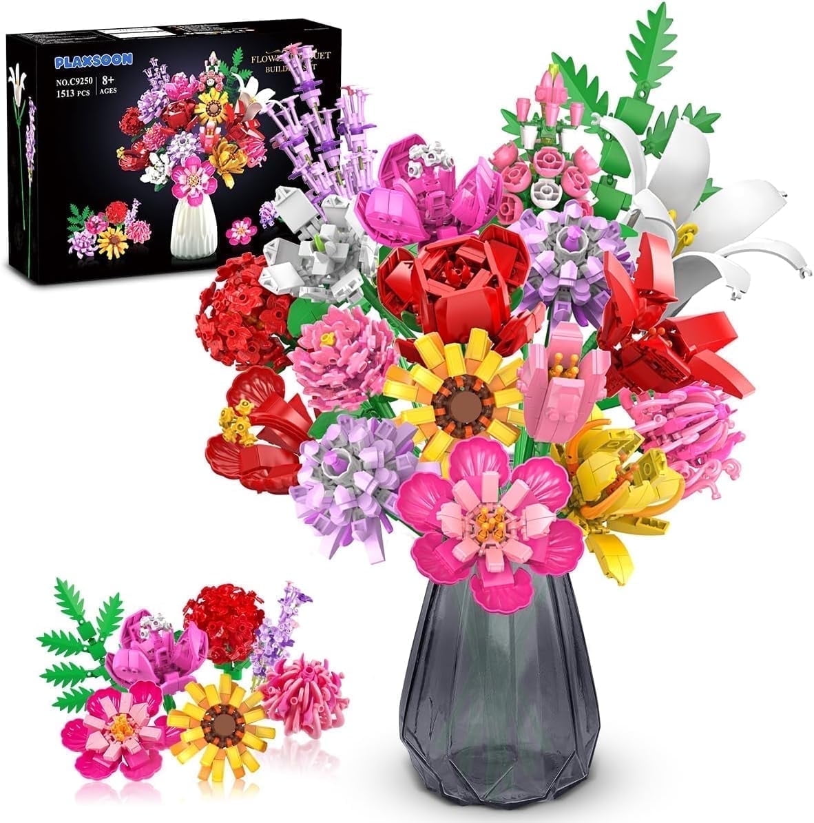 PLAXSOON Flower Bouquet Building Set, 1488-Piece Botanical Collection ...