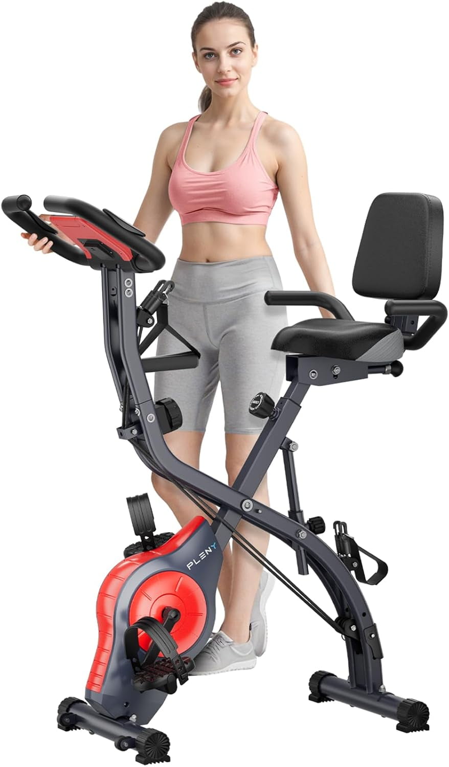 PLENY Folding Exercise Bike, Indoor Stationary Bike 16-Level Magnetic Resistance with Arm ...