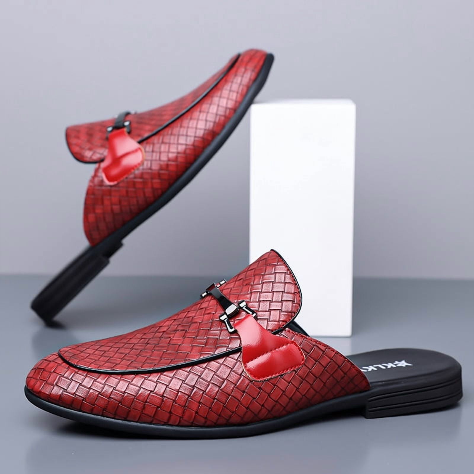 PLERISE Men's Brown Woven Pattern Mules – Business Casual Slip-On Shoes ...