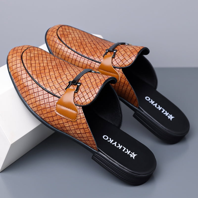 PLERISE Men's Woven Leather Mules - Slip-On Business Casual Shoes with ...