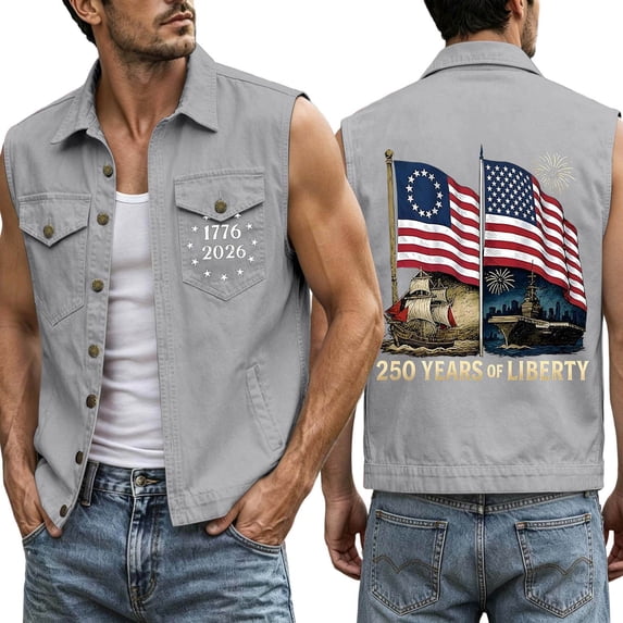 PLHWHYQ 250th Anniversary American Flag Denim Vest for Men Sleeveless ...