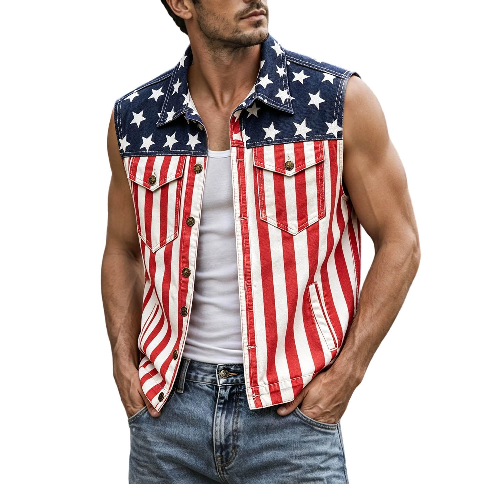 PLHWHYQ 250th Anniversary American Flag Denim Vest for Men Sleeveless ...