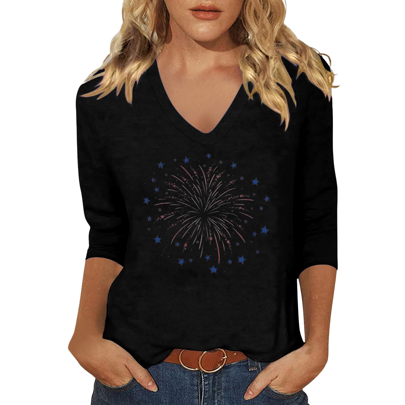 PLHWHYQ 4th of July V Neck Shirt for Women USA Flag Graphic 3/4 Sleeve ...