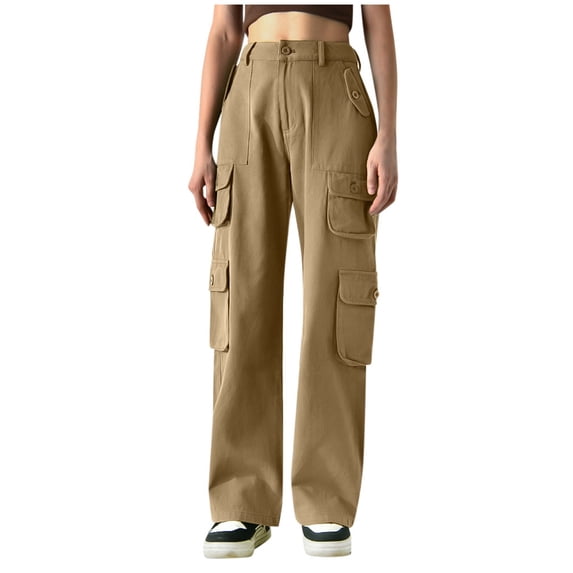 PLHWHYQ Casual Slim-Fit Straight-Leg Cargo Pants - Solid Color Mid-Rise ...