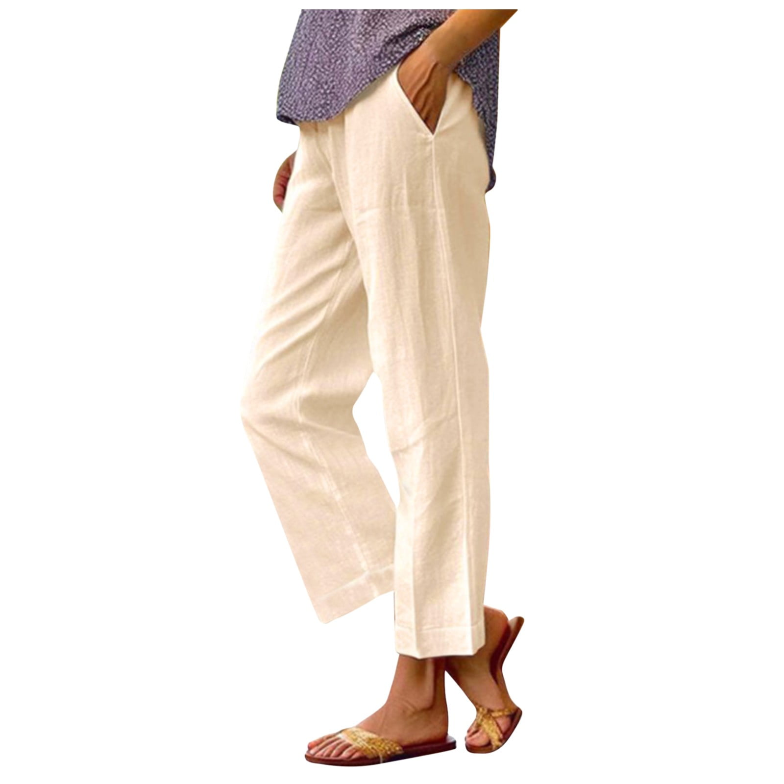 PLHWHYQ Women's Pants Solid Elastic Waist Cotton Linen Straight Leg ...