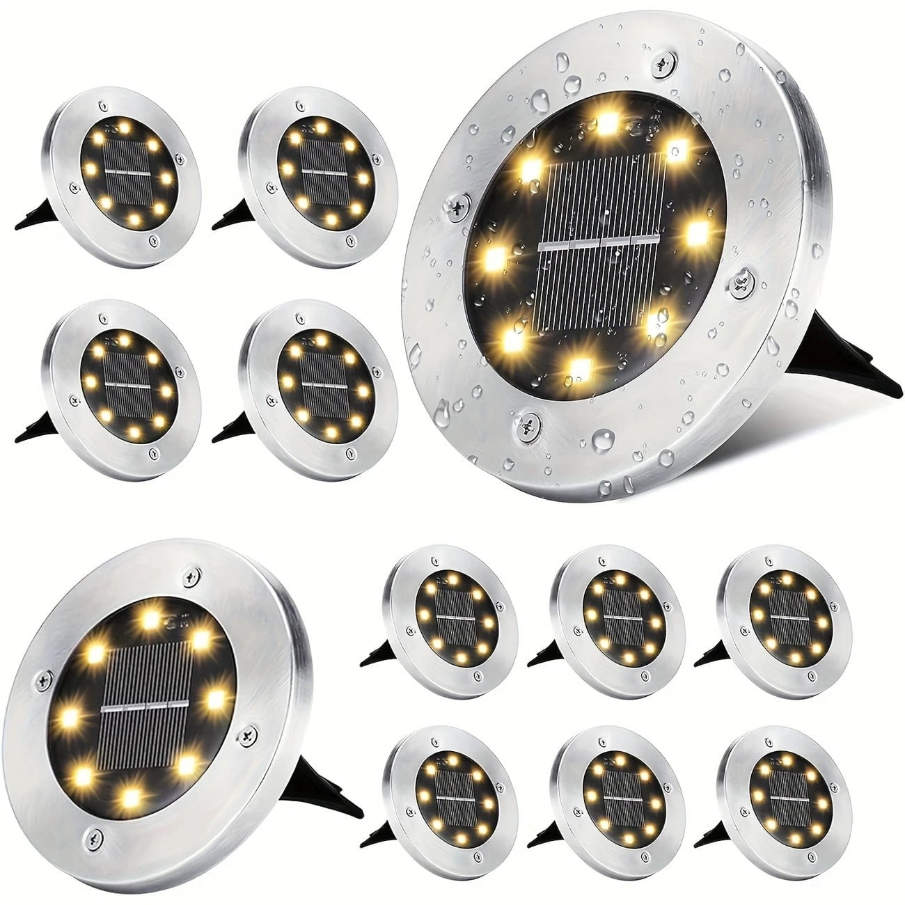 PLINVON 8 LED Solar Disk Ground Lights - IP65 Waterproof Warm Landscape ...